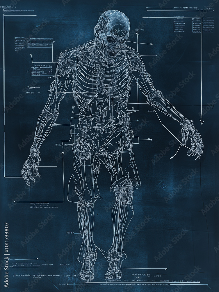 Zombie engineering anatomy drawing - a blueprint with technical details ...