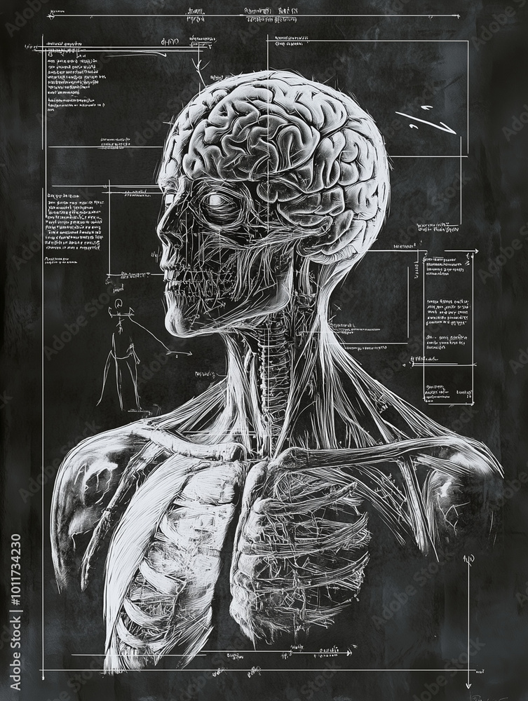 Zombie anatomy drawing - engineering blueprint with technical details ...