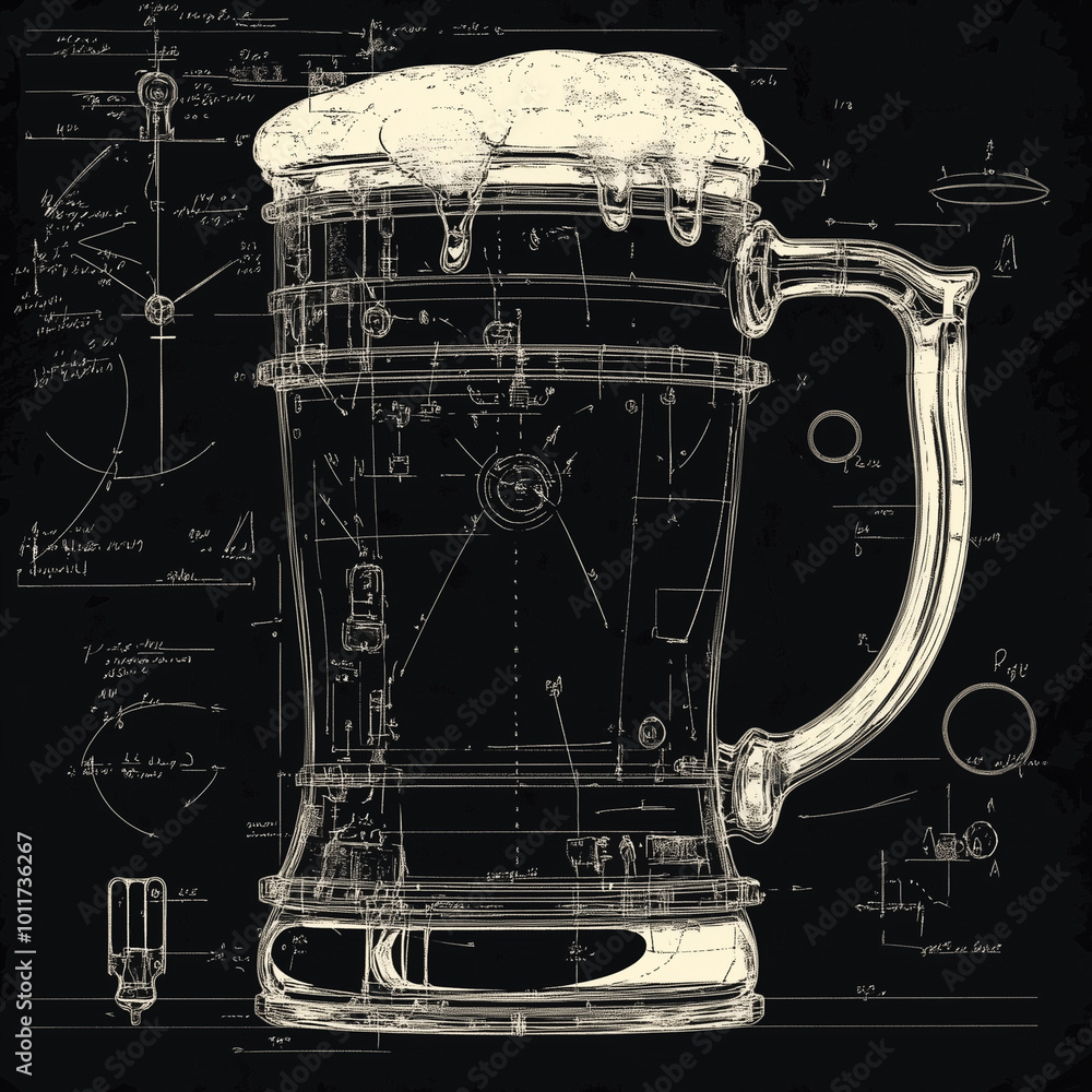 Beer mug engineering and patent drawing - a blueprint with technical ...