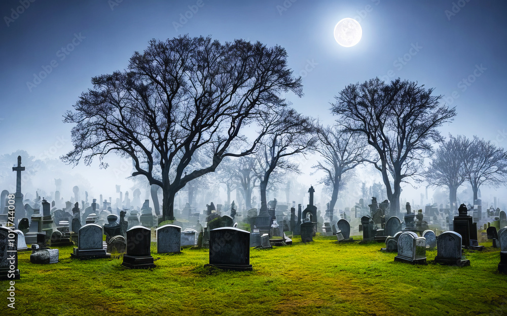 Haunted Cemetery Create a spooky graveyard with tombstones, mist, ghost ...