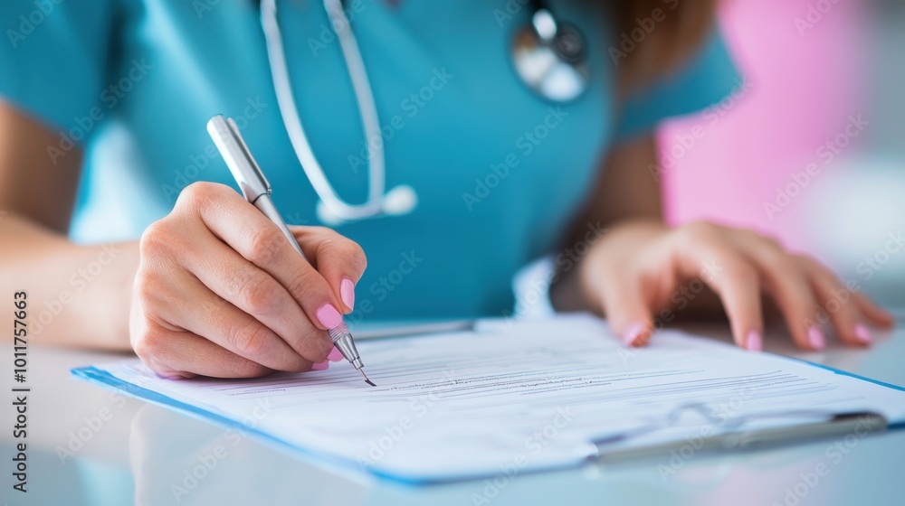 Healthcare professional writing in patient chart with pen. Stock Photo ...