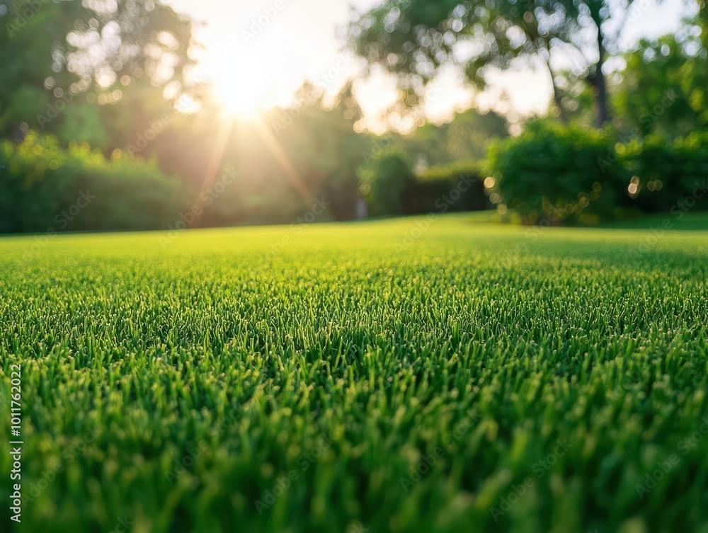 lush green lawn stretching towards a treeline, creating a serene ...
