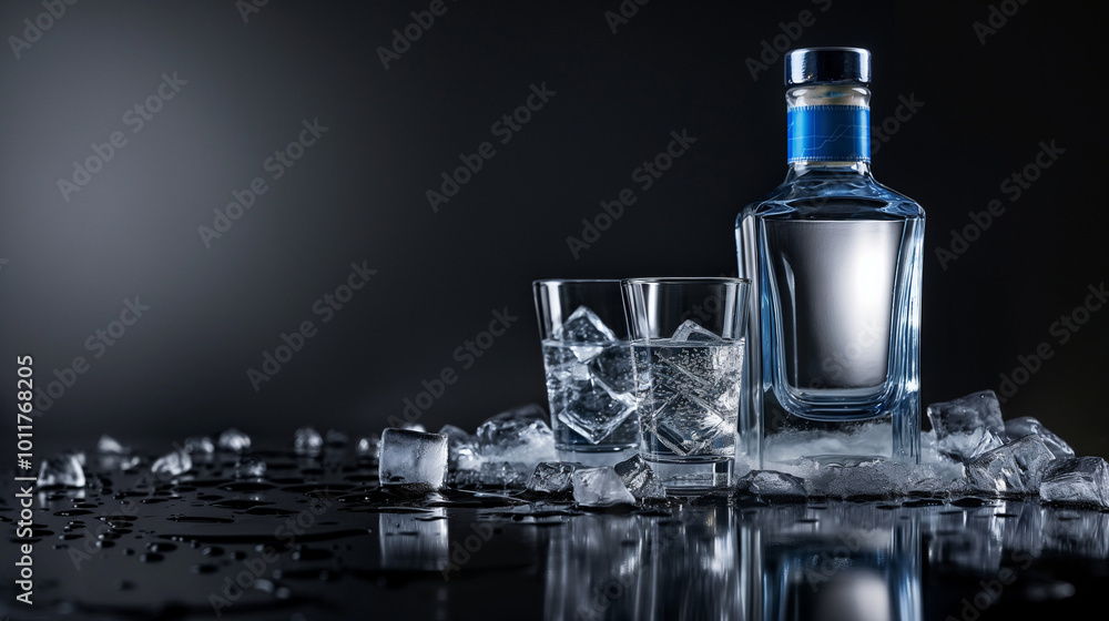 Chilled glassware with ice cubes beside a clear bottle of spirits on a ...