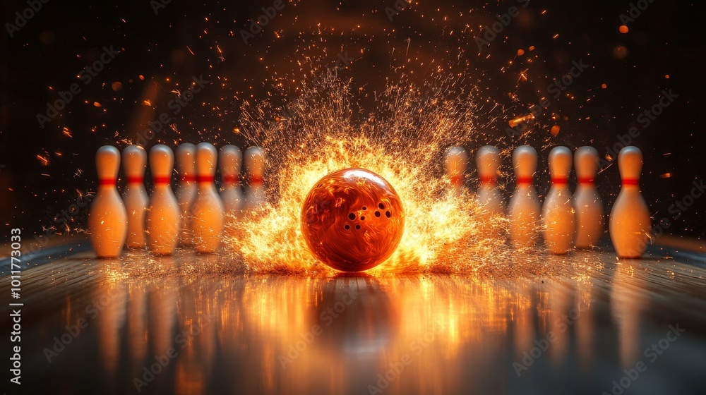 Bowling ball is rolling down a lane, about to hit pins and cause a ...