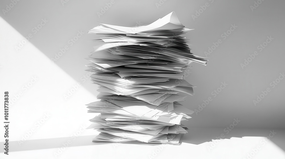 teetering stack of official documents and folders on a stark white ...