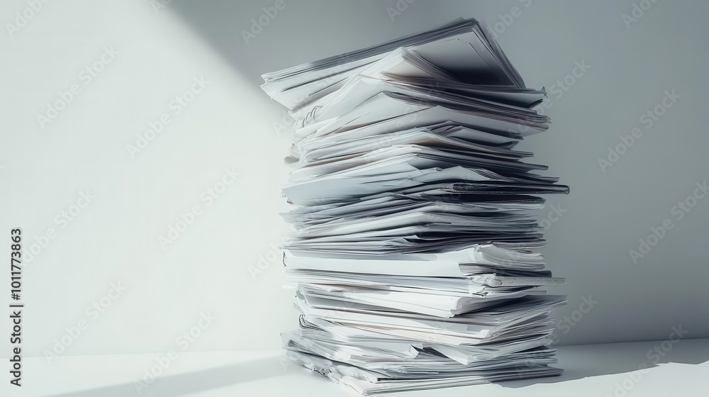 teetering stack of official documents and folders on a stark white ...