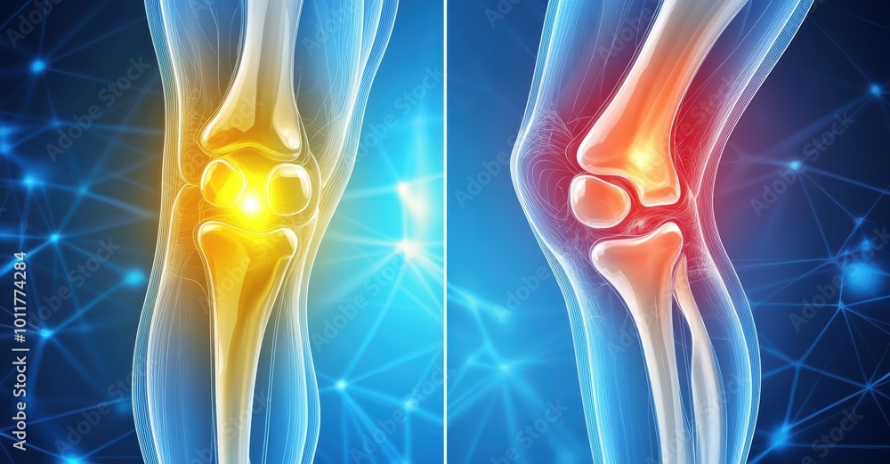 Split-screen image illustrating the anatomy of a healthy knee joint ...