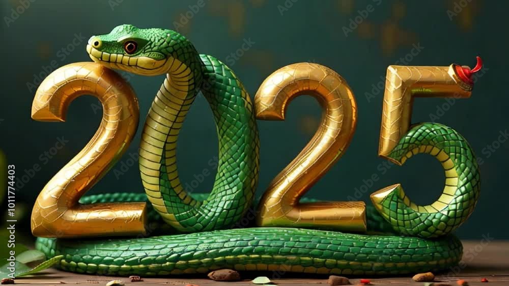 winter greeting card with golden numbers 2025 with green tree snake ...
