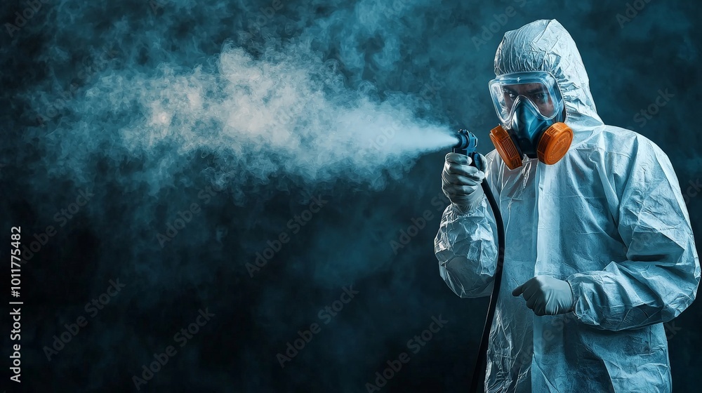 A pest control service worker in a white protective suit and mask ...