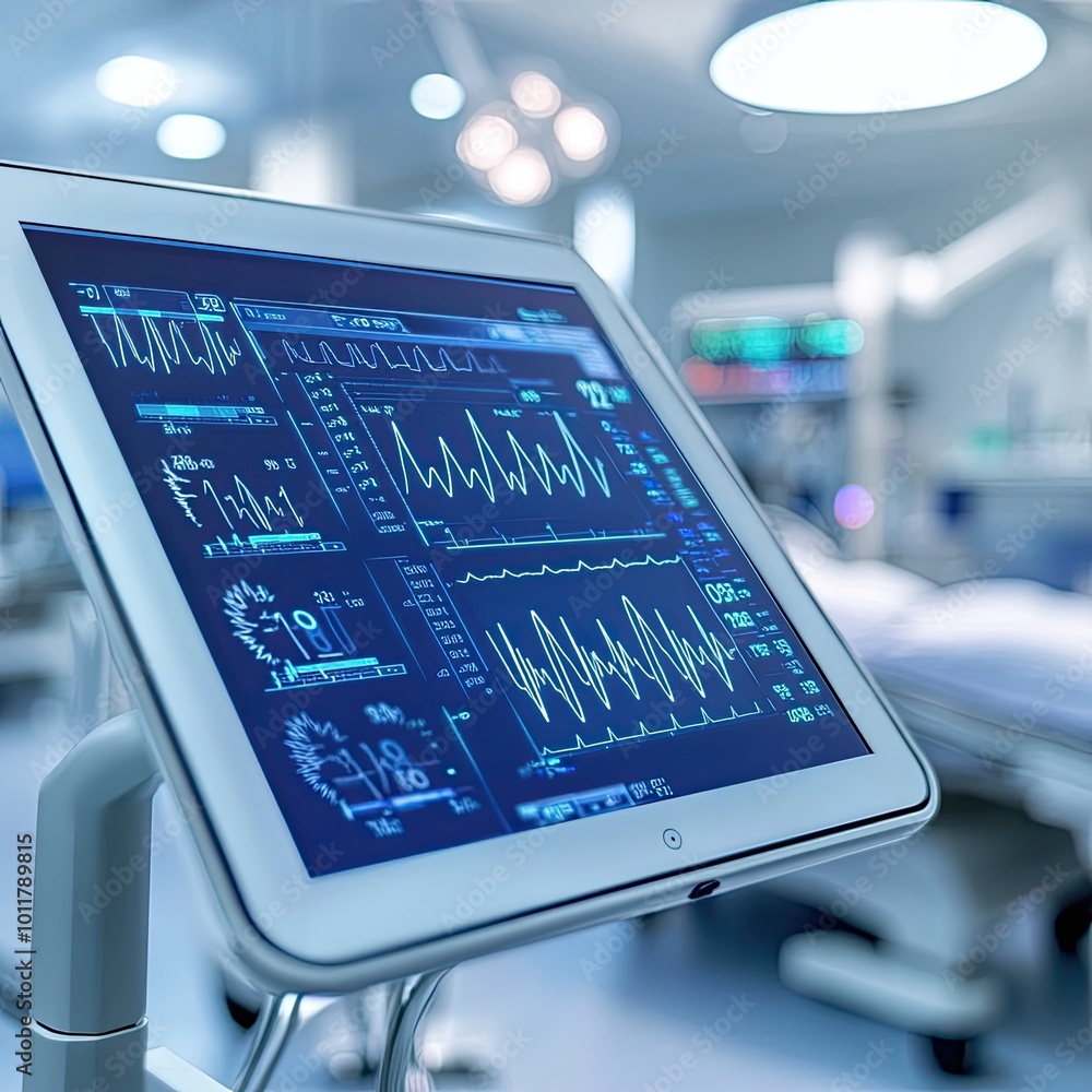Detailed view of a medical monitor displaying vital signs and charts in ...