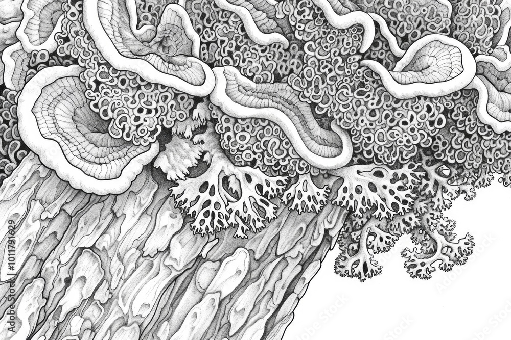 Coloring book illustration of a lichen showcasing the unique symbiotic ...