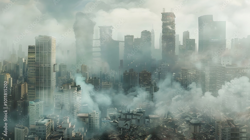 Dystopian Future City Built from Compacted Garbage Engulfed in Smog and ...