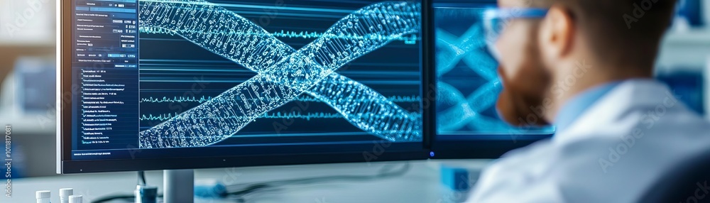 DNA sequence alignment data rendered on large monitors, organized lab ...