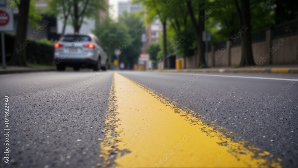 Road with a solid yellow line and a car passing by in an urban ...