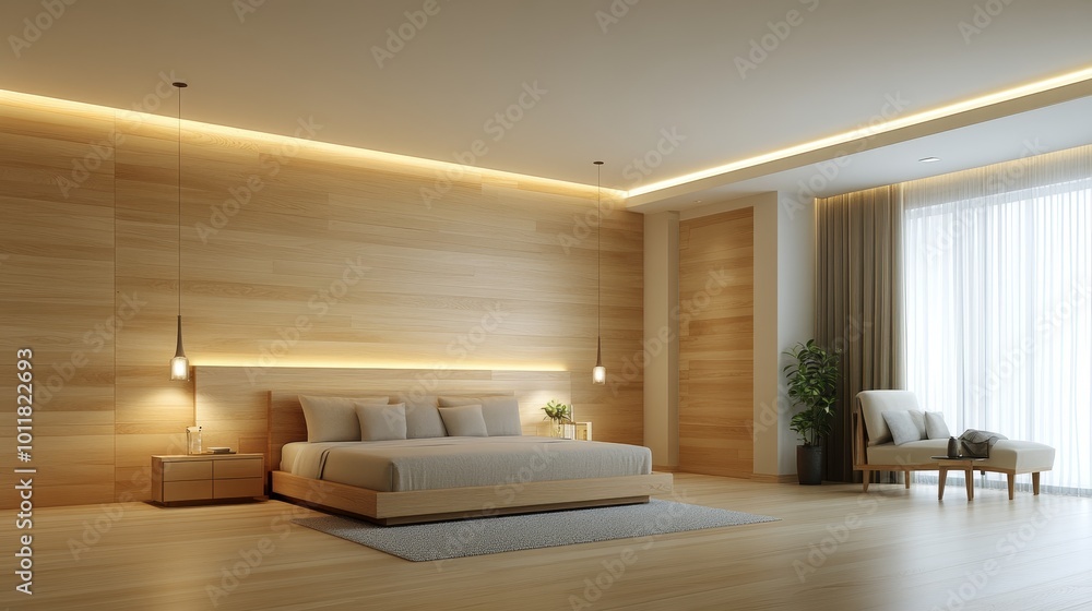 Modern bedroom with a platform bed, built-in storage, and accent ...