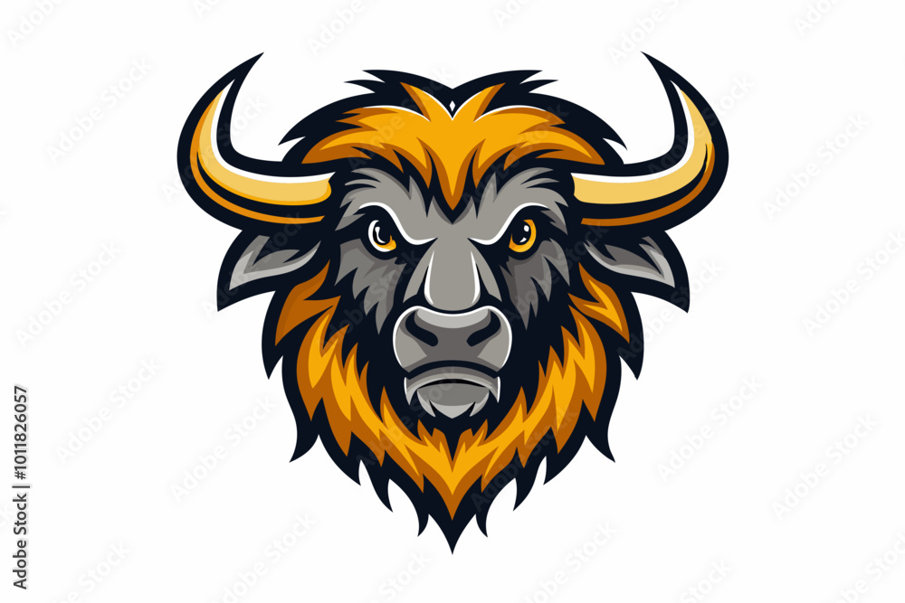 Detailed illustration of a buffalo or yak head in a bold and stylized vector style. The buffalo ...