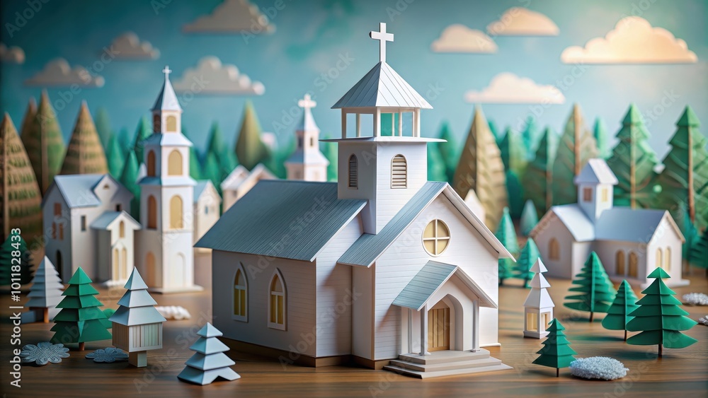 Small town church constructed out of paper, paper, church, miniature ...