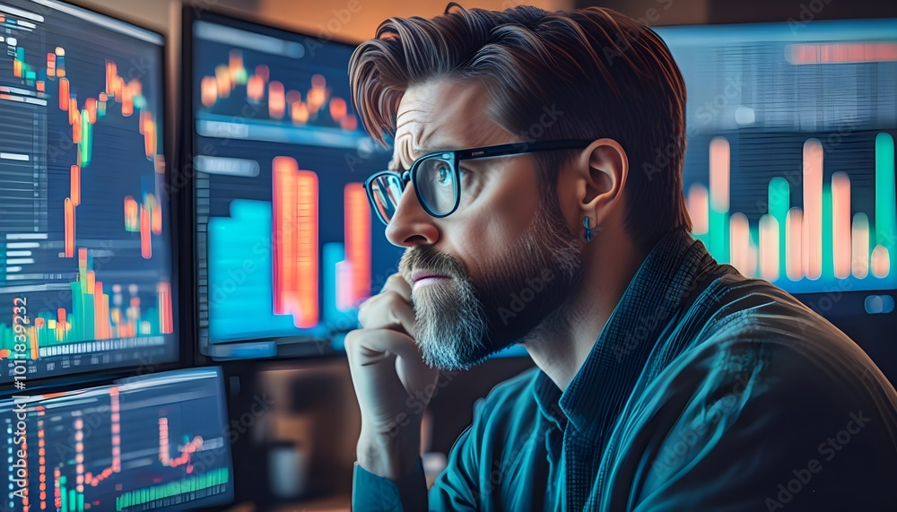 Confused analyst navigating finance reports with mixed trends on a ...