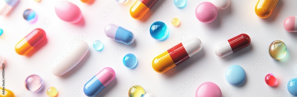 Colorful pills and tablets exploding in various shapes and sizes ...