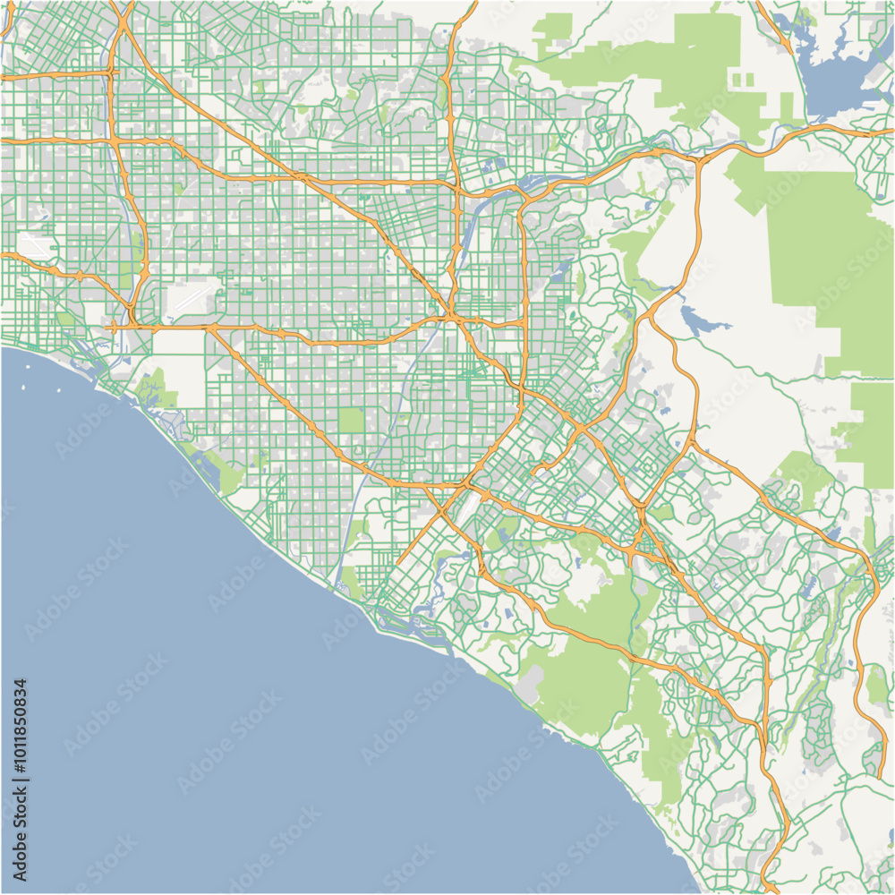 Map of Orange County in California in a normal road map style. Contains ...