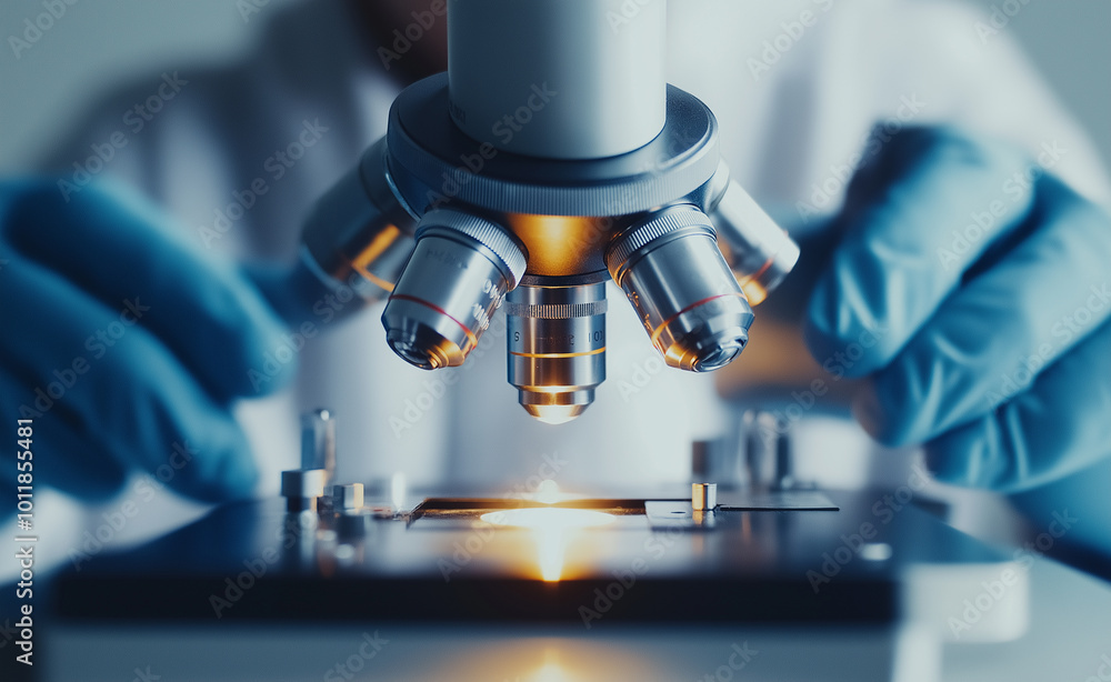 Scientist adjusting a sample under a microscope in a laboratory with blue gloves. Stock Photo ...