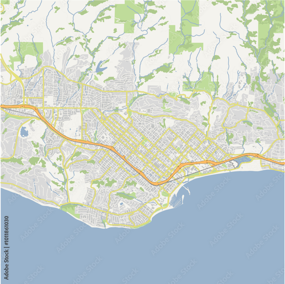 Map of Santa Barbara in California in a normal road map style. Contains ...