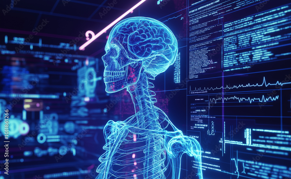 Futuristic 3D medical visualization of a human skeleton and brain ...