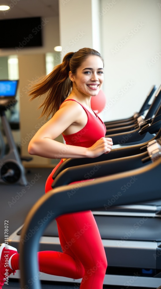 Sports girl in red sportswear runs on a treadmill in the gym and smiles ...