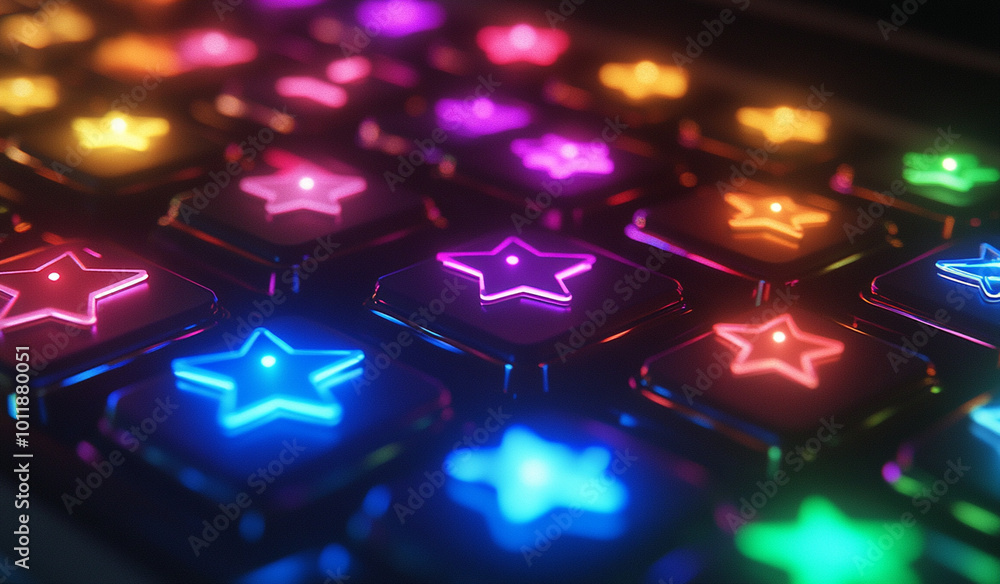 Close-up of a keyboard with backlit keys featuring glowing star icons ...
