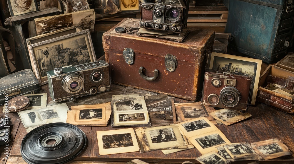 Vintage Camera Collection and Old Photos in Antique Wooden Box Stock ...