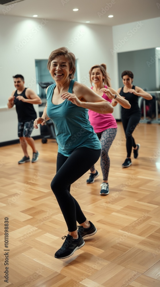 Happy positive people learning zumba steps gym room Ultra realistic ...