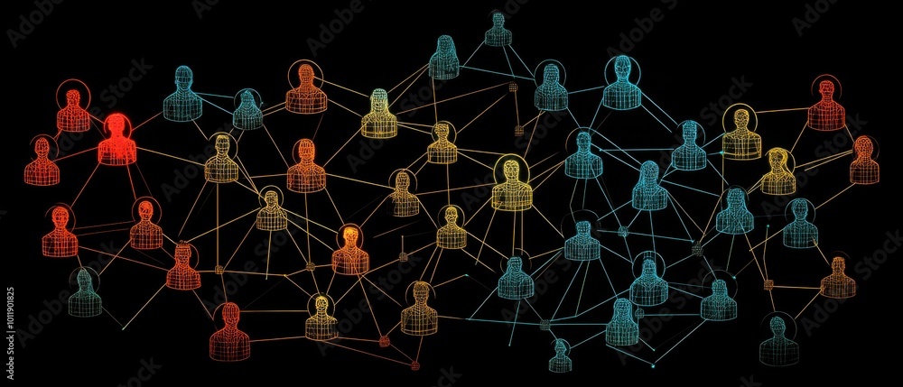 Design a network of glowing human icons connected by thin lines ...