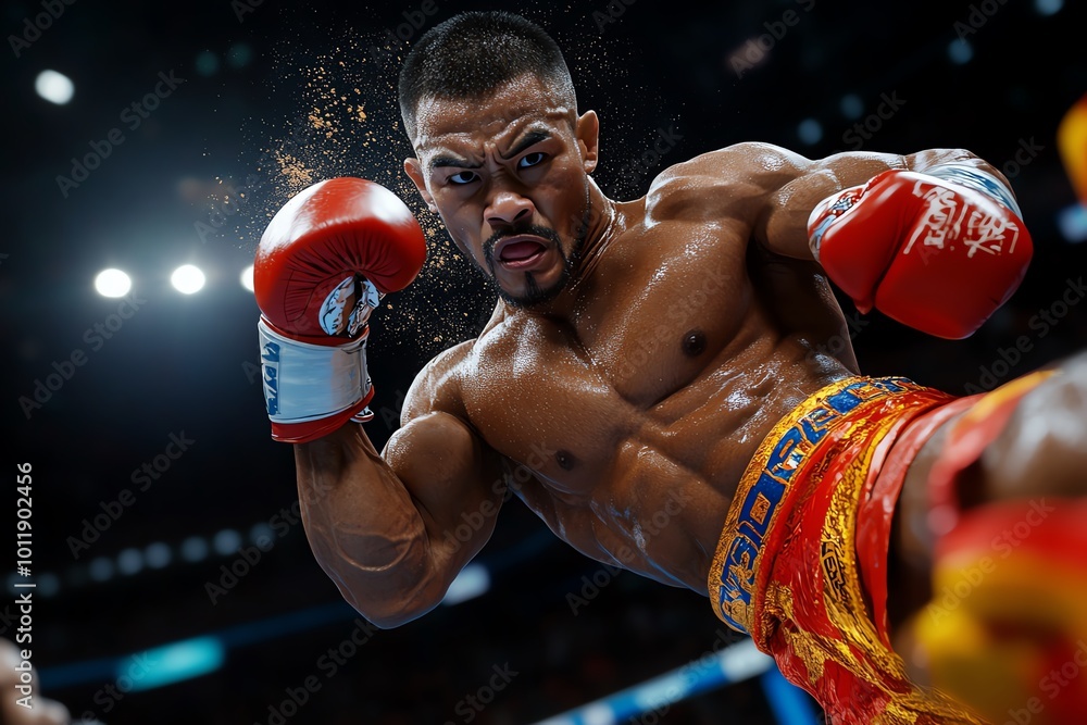 A hyper-realistic close-up of a Muay Thai fighter delivering a ...