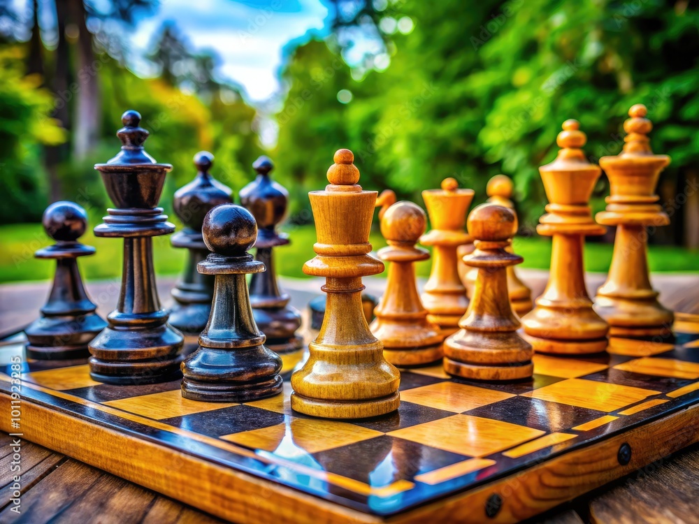 Classic 8x8 Chess Board with Wooden Pieces and Black and White Squares ...