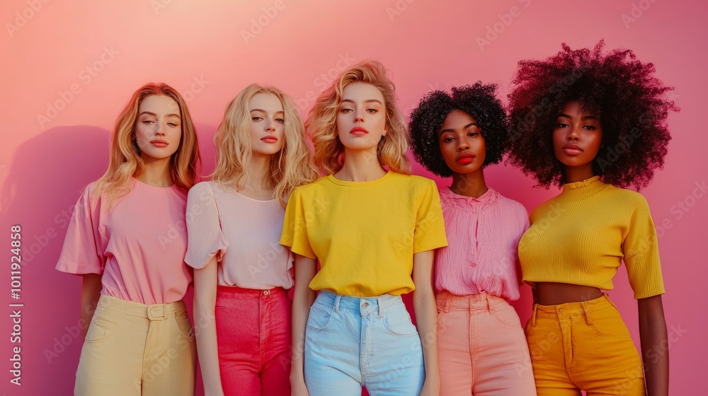 Five girls of different races and builds from thin to plump stand on a ...