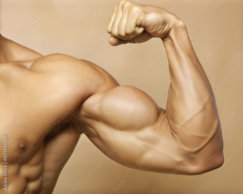 The strong arm displays impressive muscle definition with a powerful ...