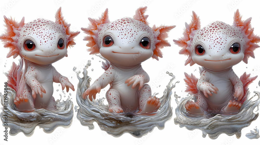Three Adorable White Axolotls with Red Spots Pose in a Watery Display ...