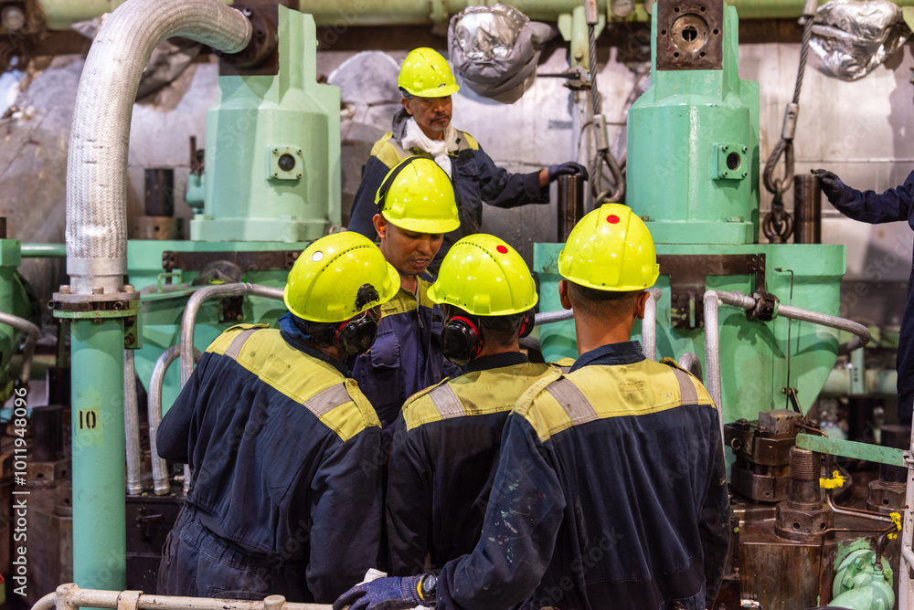 The marine engineer officer gives clear instructions to the engine crew ...