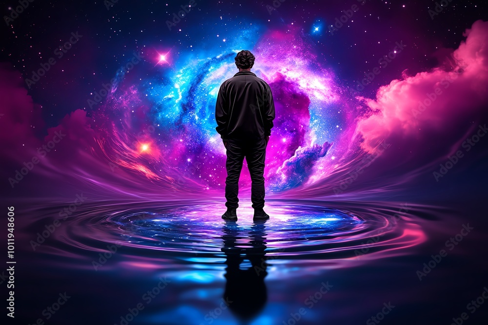 A mystical philosopher standing on the edge of an ethereal void, with ...