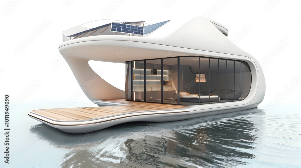 Futuristic Floating House Model with Curved Design and Solar Panels ...