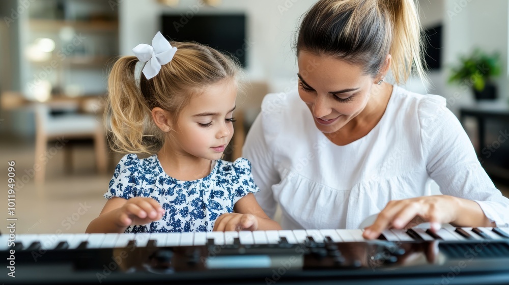 A mother happily guides her daughter through a music lesson on a ...