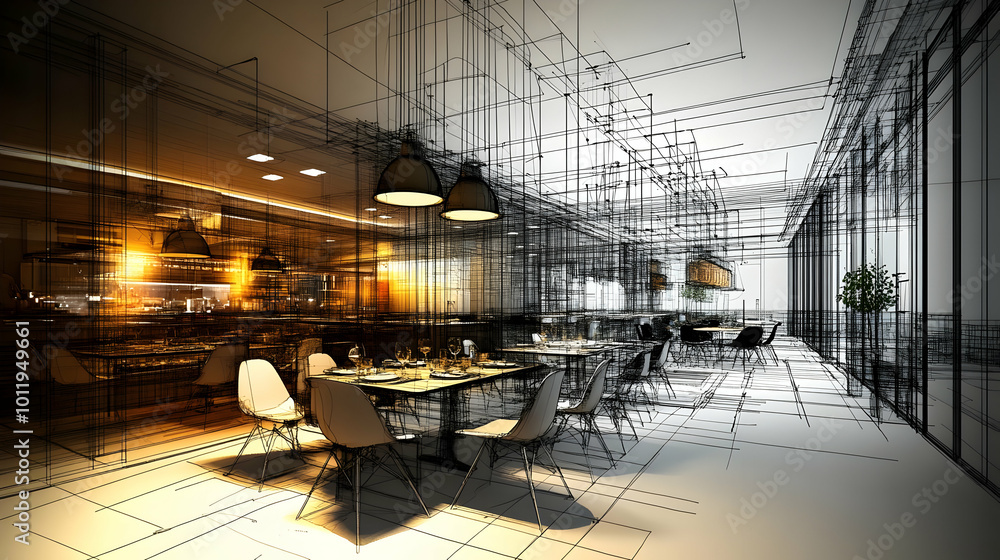 Architectural Design Sketch of a Modern Restaurant Interior with Tables ...