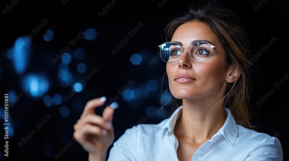 An insightful woman with illuminated glasses is shown in a thoughtful ...