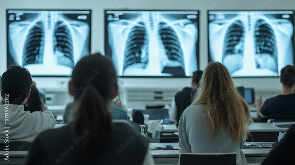 Medical students attentively listen to a lecture in a classroom with ...