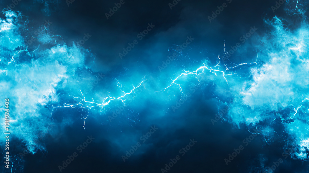 Realistic thunder light and blue smoke cloud bottom frame. Mysterious ...
