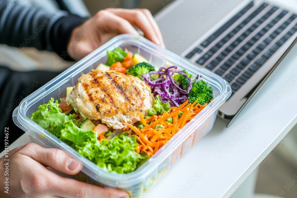 An office worker is having his lunch break at his desk with a laptop ...