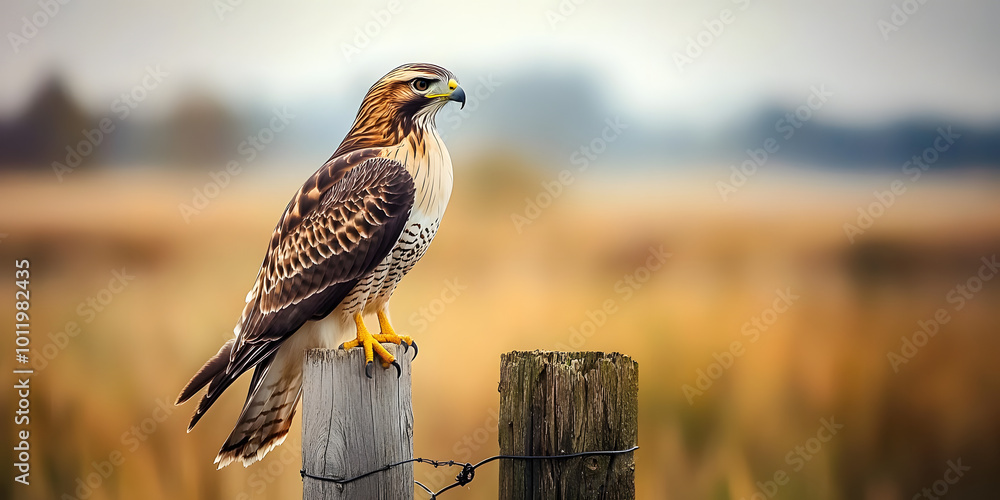 Photo & Art Print Red tailed hawk perched on fence's pole with blurred ...