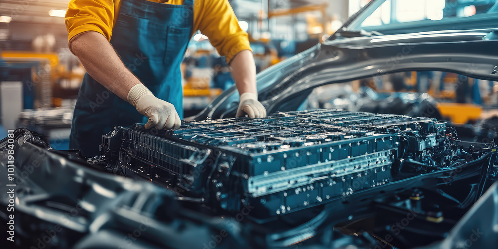 Professional worker technician working on modern EV car battery, cells ...