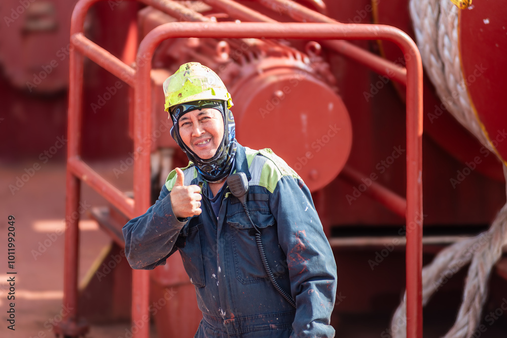 A smiling deck crew member, standing on the deck of a merchant ship in ...