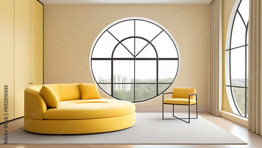 yellow curved sofa round ottoman sit arched window dressed beige ...
